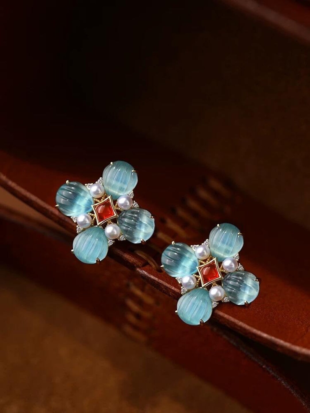 Vintage Teal Cat’s Eye Chrysoberyl Clover Statement Earrings With ...