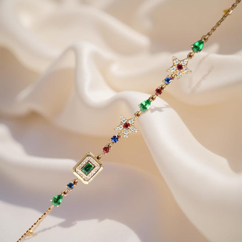 18K Solid Gold Star Bracelet | Natural Ruby Sapphire Emerald Diamond ...