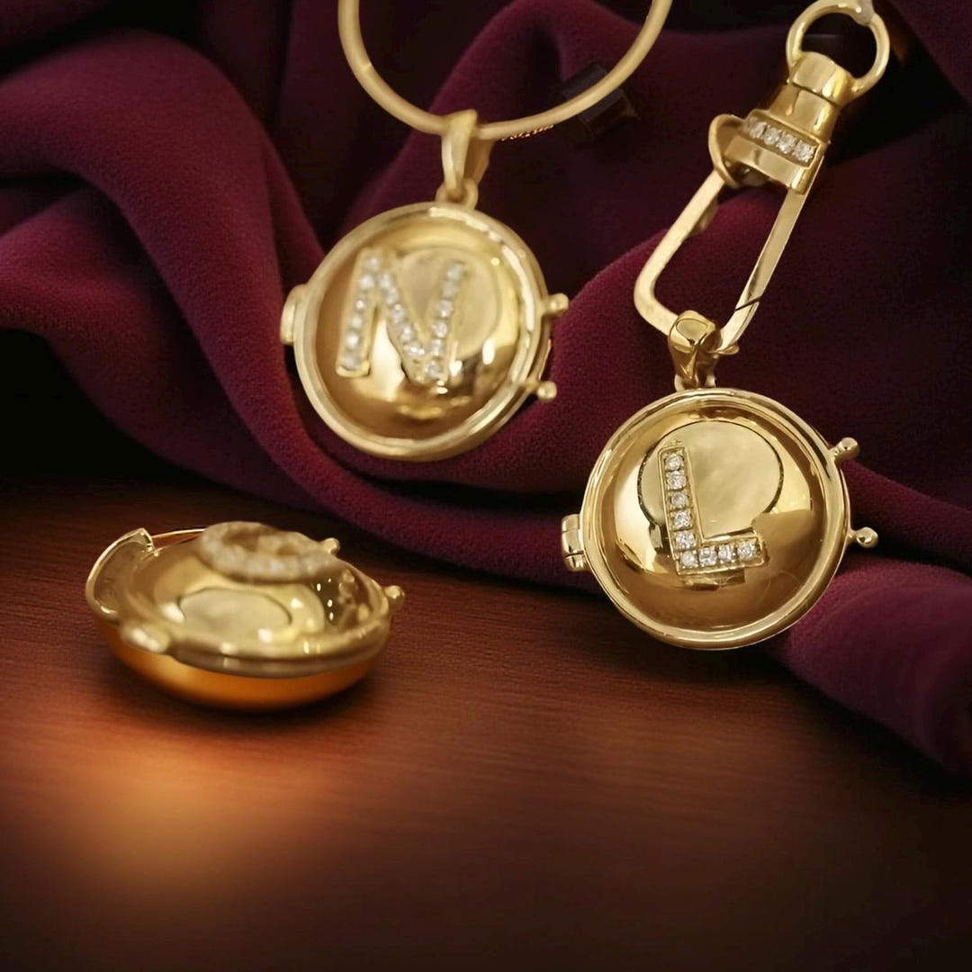 18K Solid Gold Diamond Initial Locket Pendant, Custom Engraved Flip ...