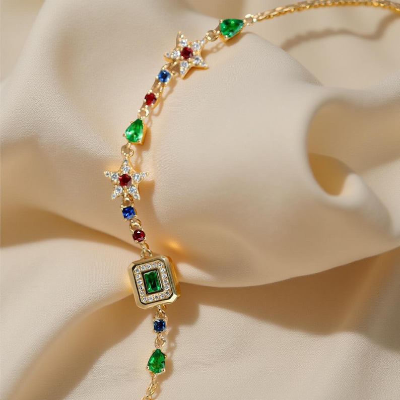 18K Solid Gold Star Bracelet | Natural Ruby Sapphire Emerald Diamond ...