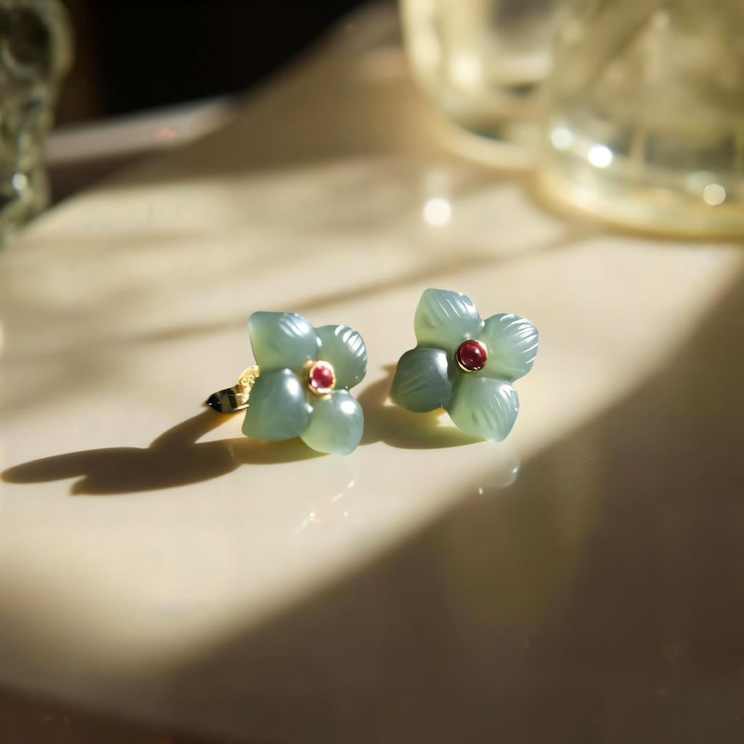 Natural Green Jade and Ruby Flower Stud Earrings,18k Gold Stud Earrings ...