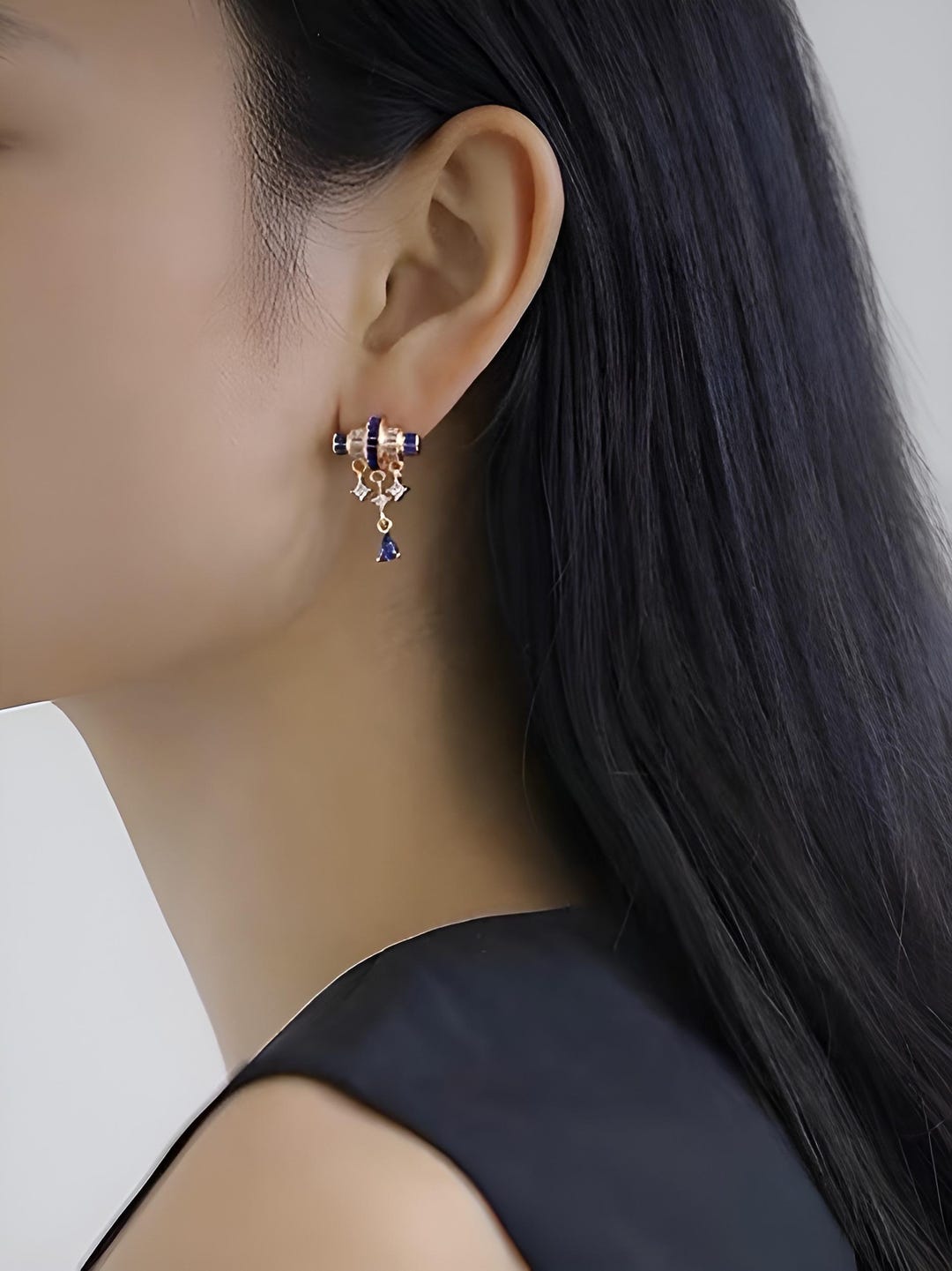 Vintage French-inspired Small-batch Artisanal Earrings With Baguette Diamonds and Blue Sapphires ...