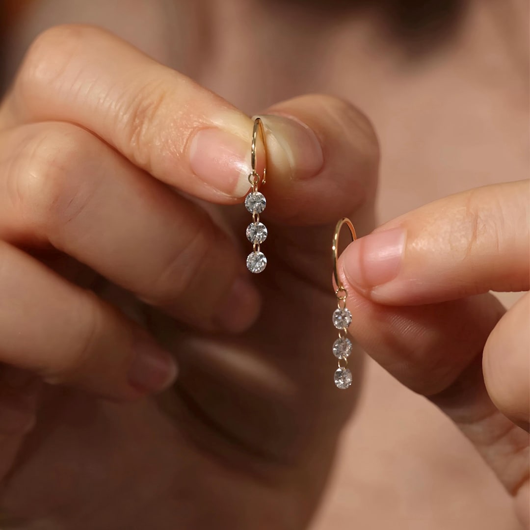 18K Solid Gold Triple Diamond Drop Earrings | Classic Three-stone ...
