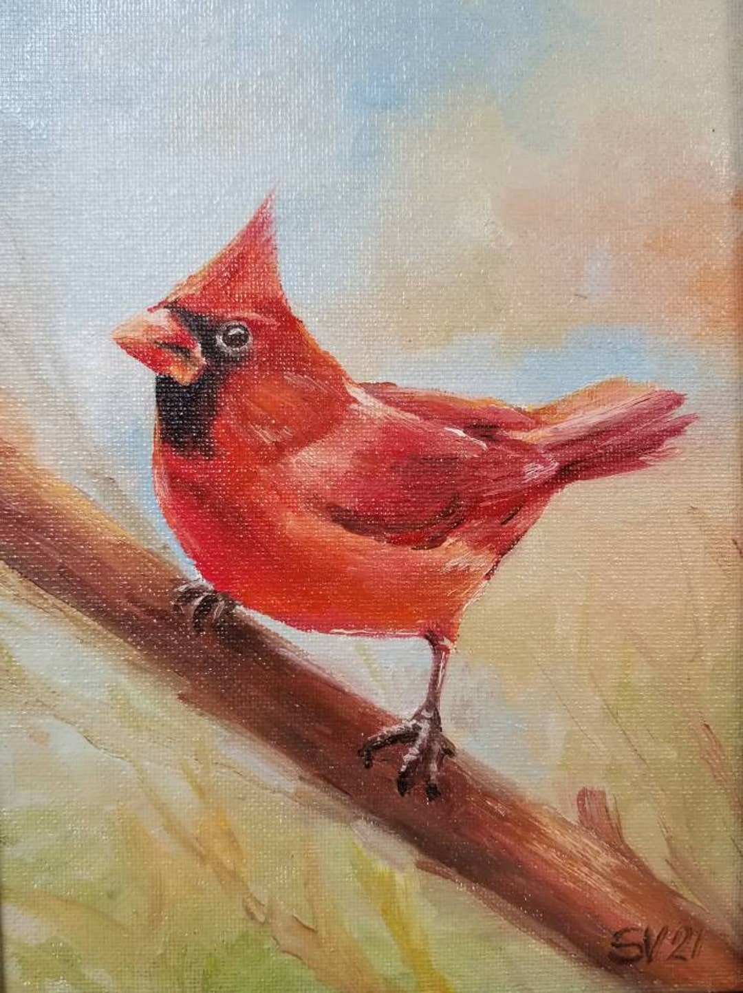 Red Cardinal, Male, Original Oil Painting Backyard Bird. 6"×8". Framed ...