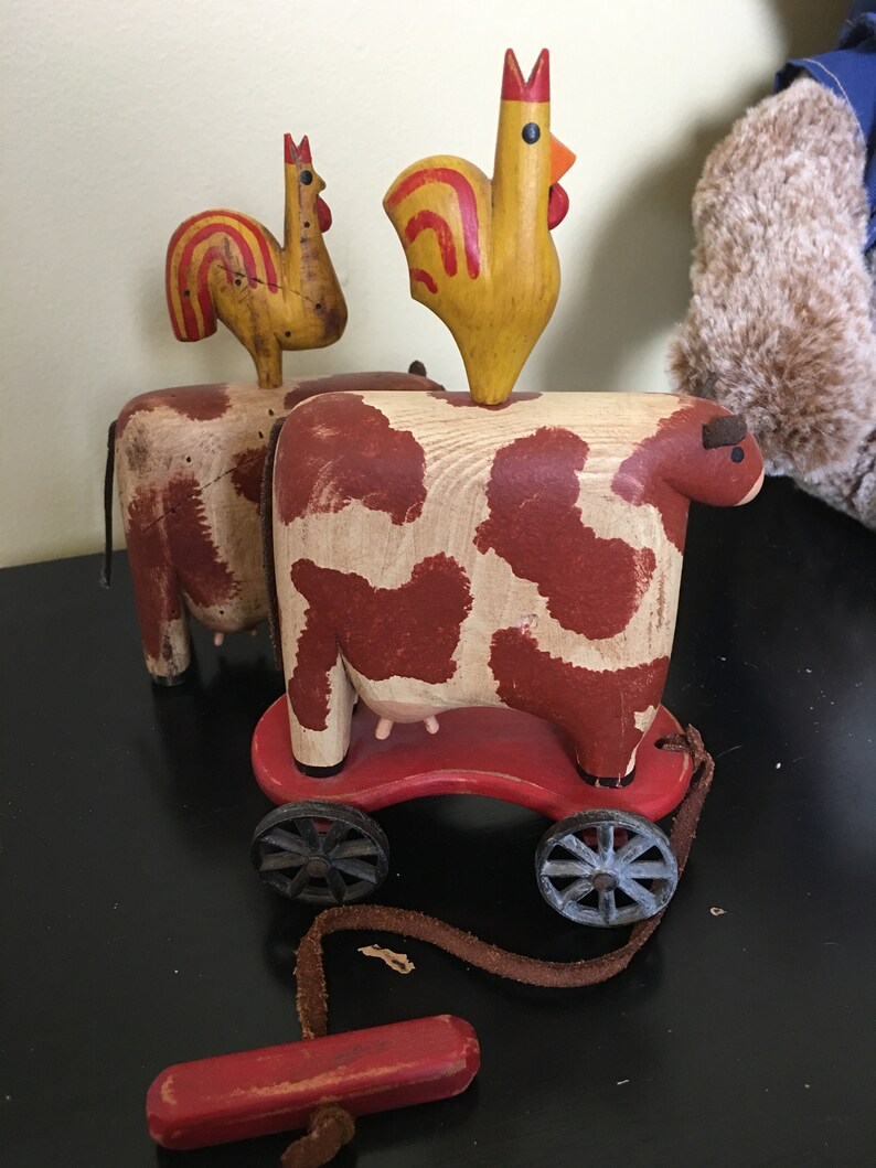 Folk Art Farm Animals Carved Signed Wood Cows Cow Pull Toy - Etsy