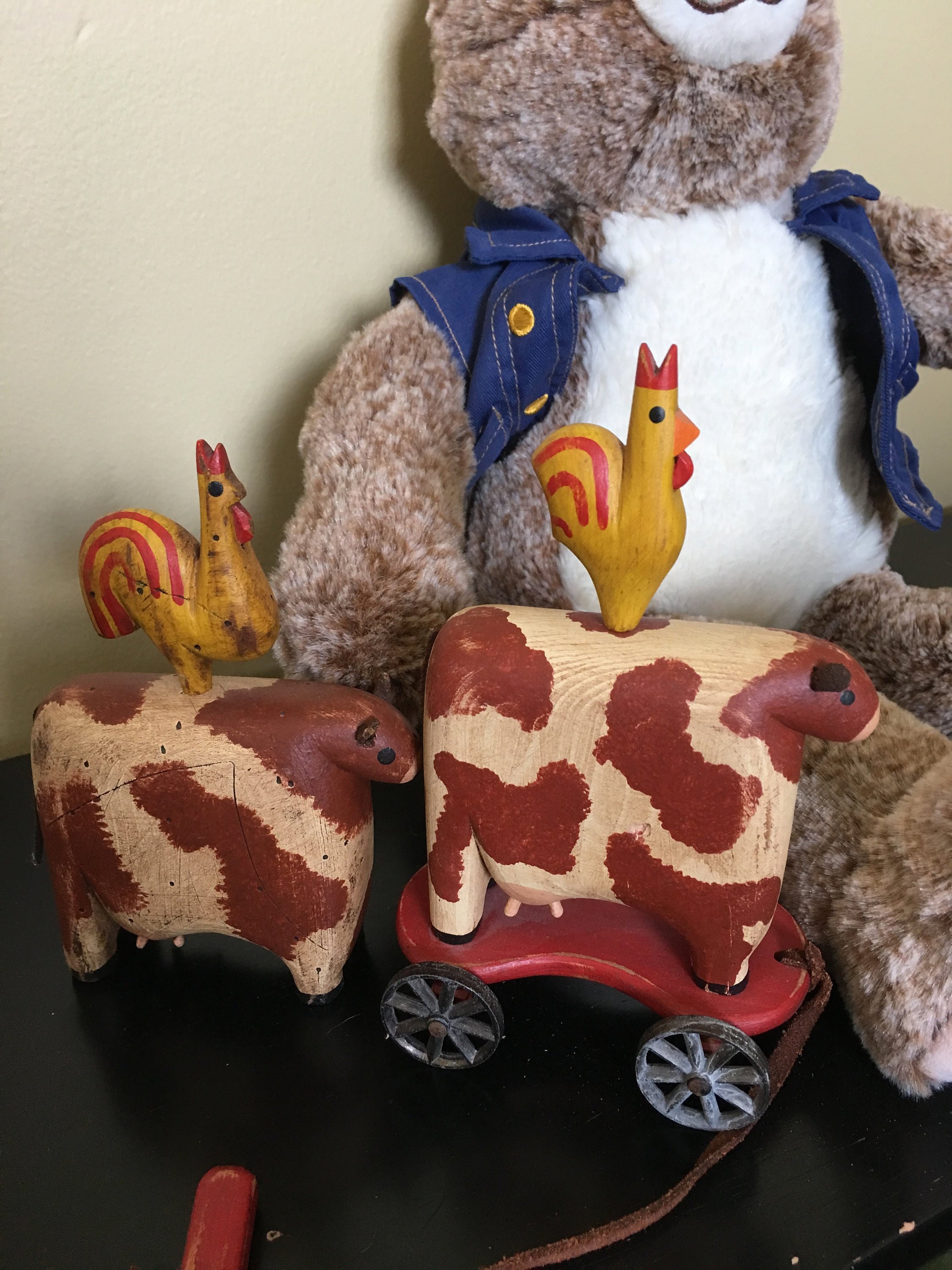 Folk Art Farm Animals Carved Signed Wood Cows Cow Pull Toy | Etsy