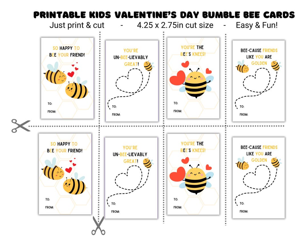 Printable Bee-themed Valentine’s Day Cards | Kids Valentine’s Print ...