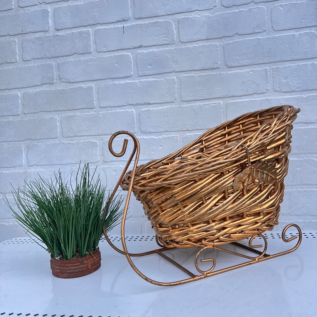 Vintage Large Rattan Christmas Boho Sleigh. Wicker Gold Sleigh ...