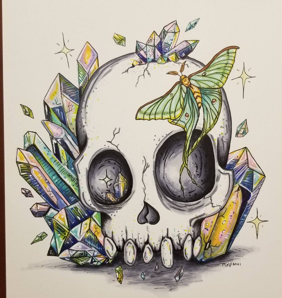Skull With Crystals and Luna Moth. - Etsy