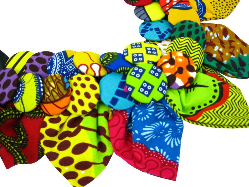 African Print Fabric Button & Leaves Bib Necklace, Bold Ankara ...