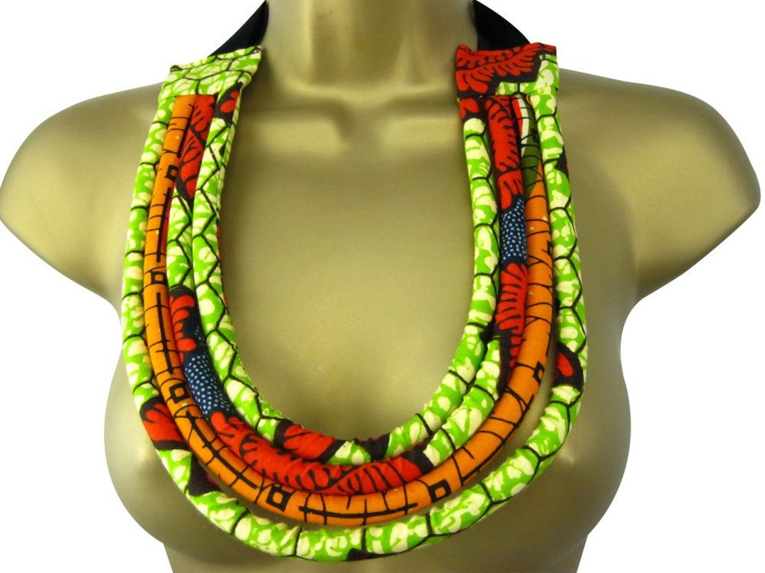 African Print Rope Necklace, Multi-strand Wax Fabric Statement Tribal ...
