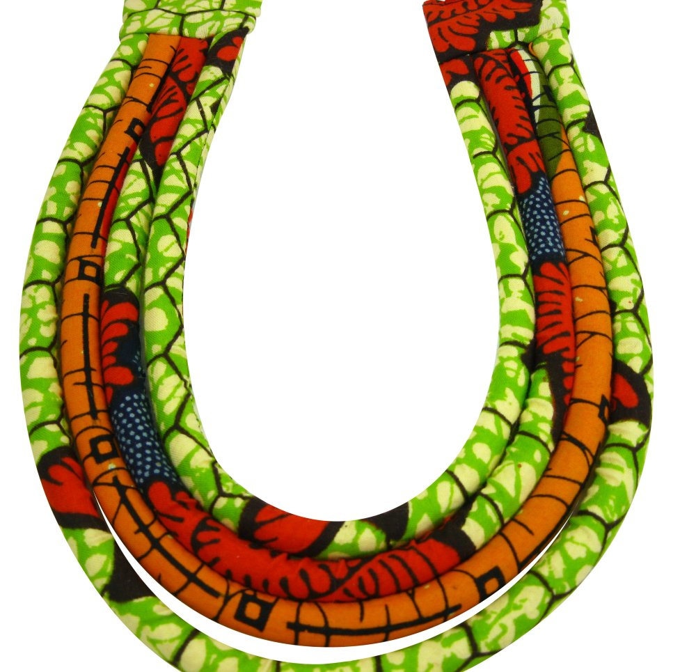 African Print Rope Necklace, Multi-strand Wax Fabric Statement Tribal ...