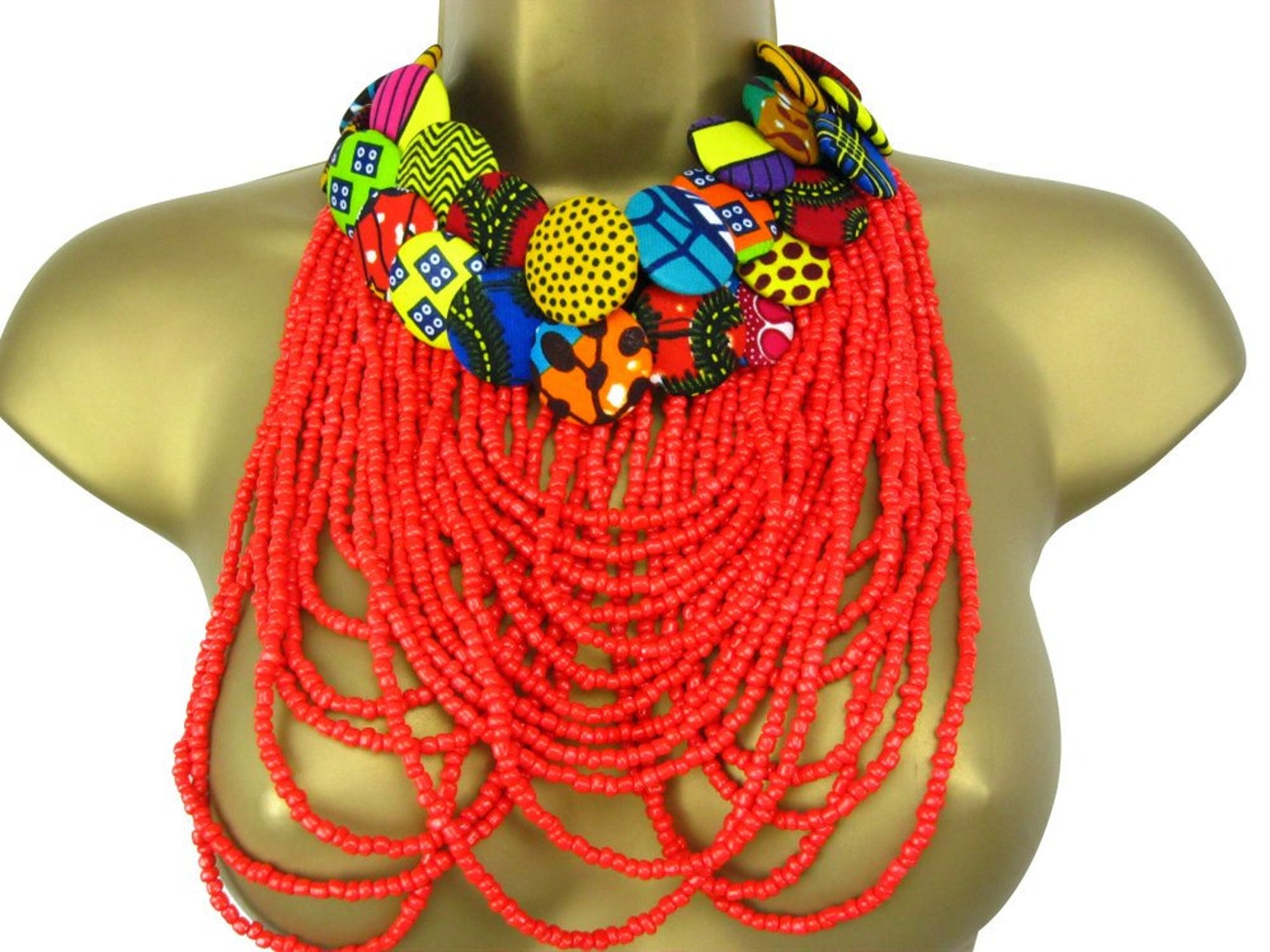 African Print Fabric Button & Beads Necklace Bib Jewellery, Red Ankara ...