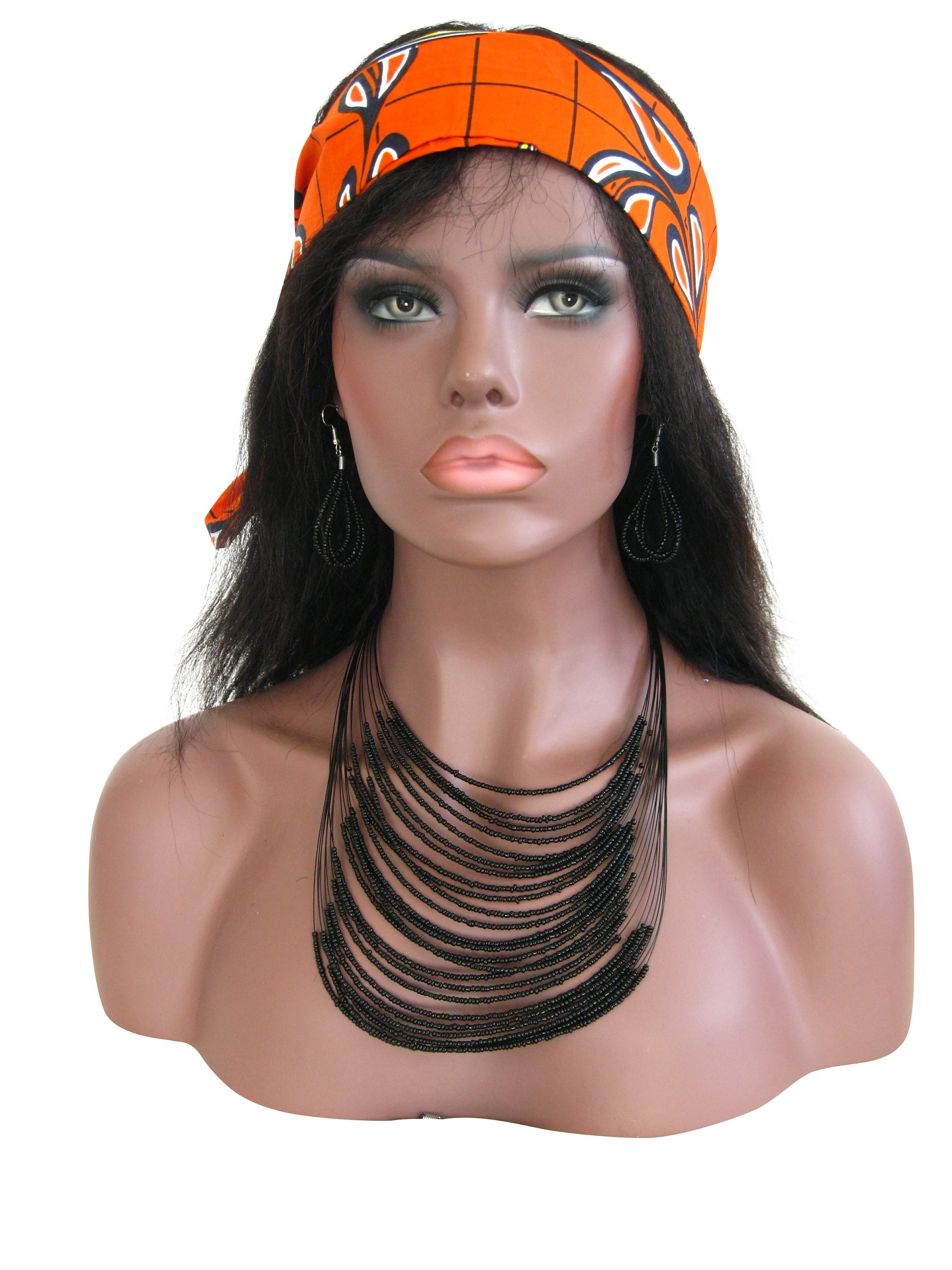 African Print Headband & Black Beaded Multi Strand Necklace and Earring ...