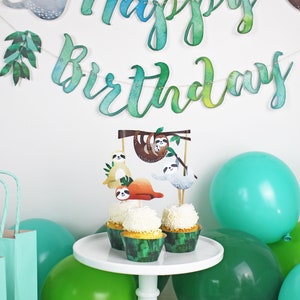 Sloth Party Happy Birthday Banner Watercolor Sloth Birthday Decorations ...