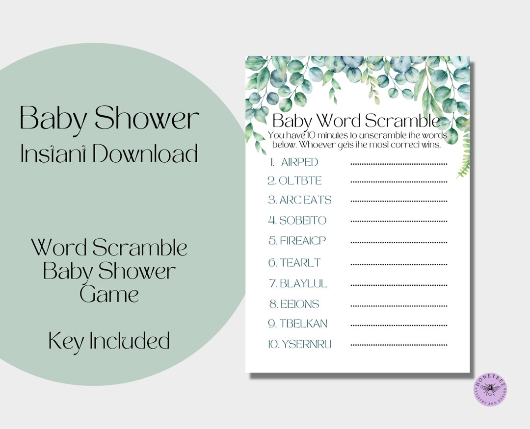 Baby Shower Word Scramble, Word Scramble, Baby Shower Game, Eucalyptus ...