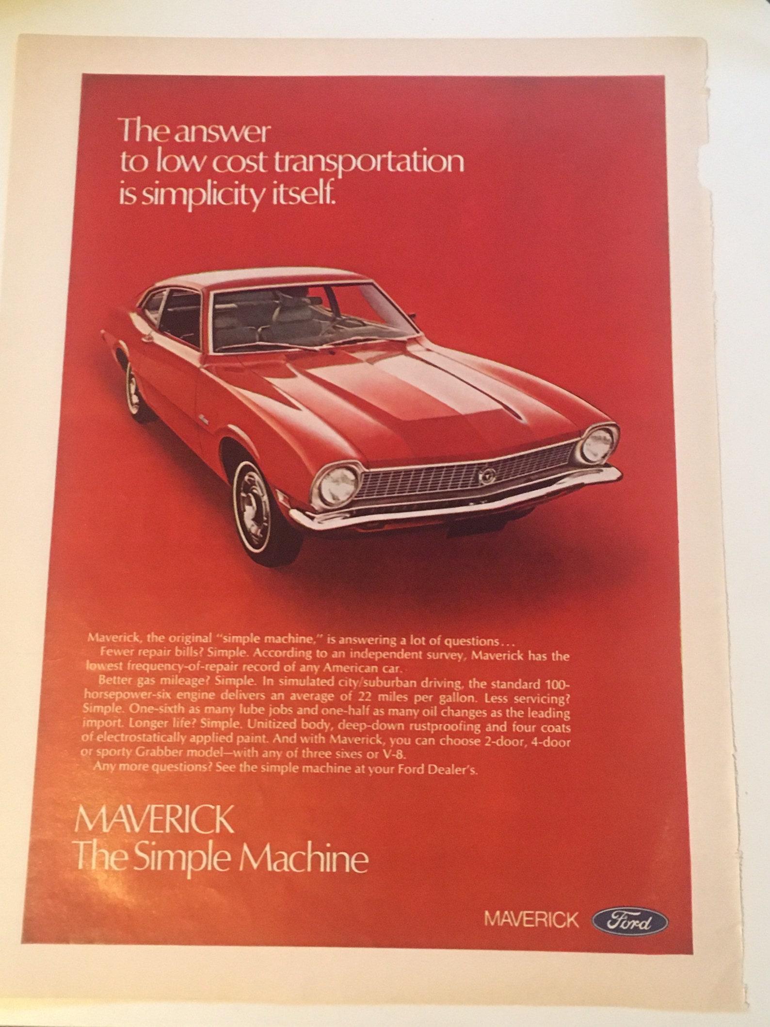 1970's Ford Maverick Print Advertisement "the Answer to Low Cost ...