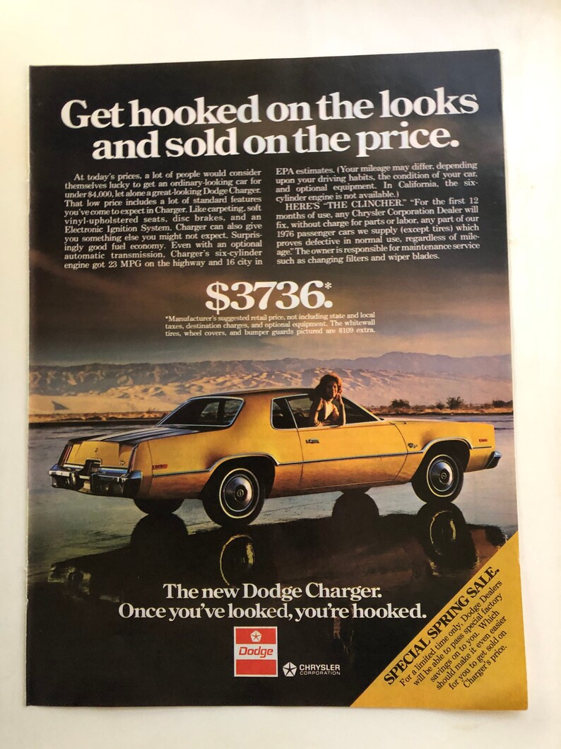 1970's Dodge Charger Advertisement "get Hooked on the Looks and Sold on ...