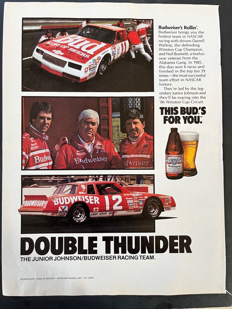 1980's Junior Johnson Budweiser Racing Team Print Advertisement - Etsy