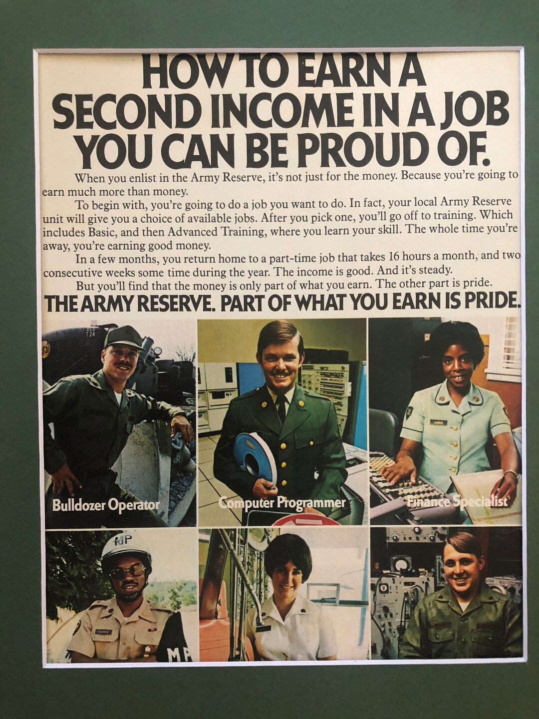 1970's Army Reserves Advertisement how to Earn a Second Income in a Job ...