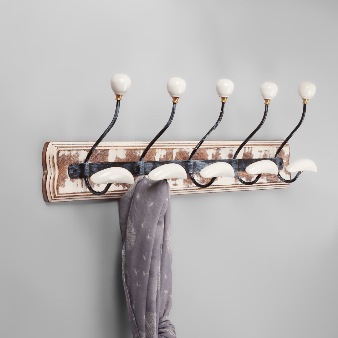 G Decor Provence Large Whitewash Wall Hook Rack Handcrafted Wooden Rail ...