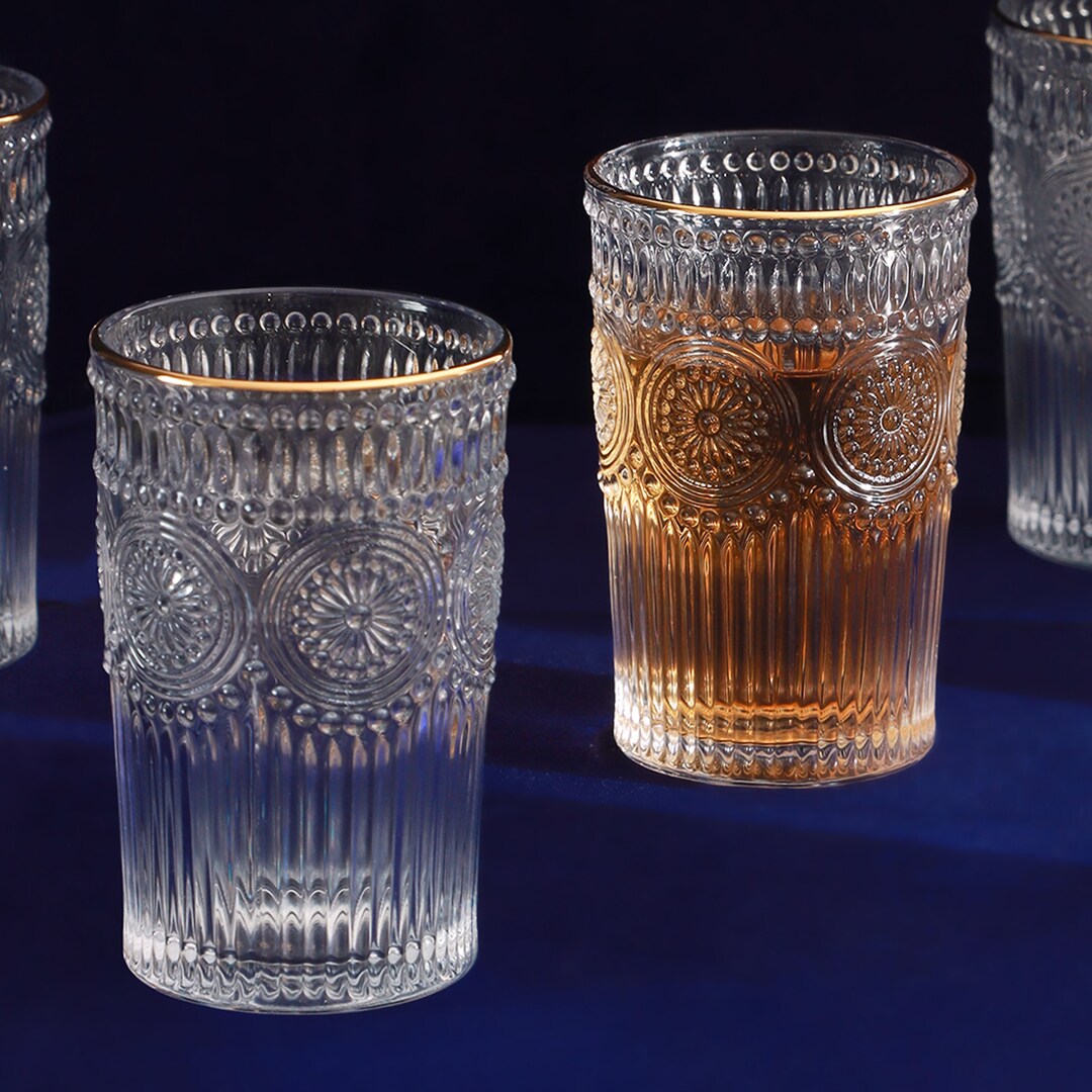 G Decor Set of 4 Dario Vintage Textured Gold Rim Highball Tumbler ...