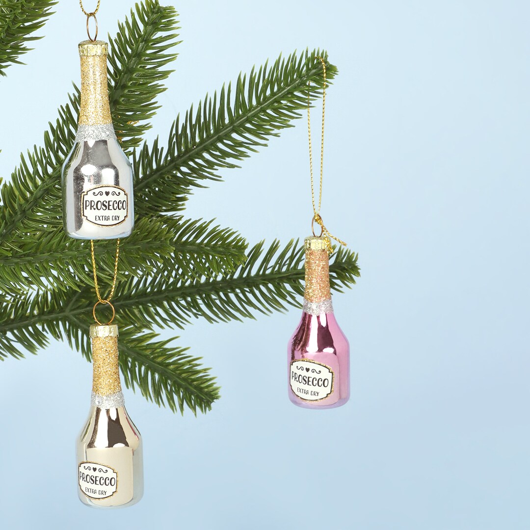 G Decor Set of 3 Glass Mini Prosecco Bottles Christmas Tree Ornaments ...