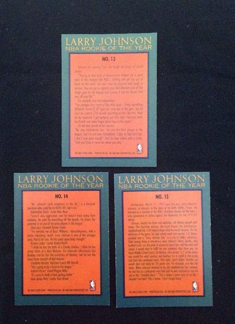 1992/93 FLEER ~larry Johnson ~~NBA Rookie of the Year Cards #13-14-15 ...