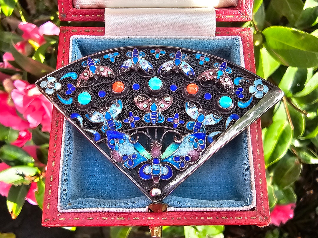 Antique Silver Filigree Hand Painted Enamel Butterfly Chinese Fan ...