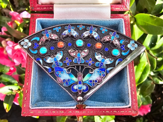 Antique Silver Filigree Hand Painted Enamel Butterfly… - Gem