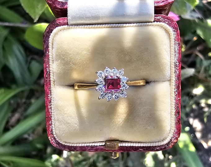Vintage 18ct Gold Ruby and Diamond Ring Princess Cut Ruby Ring Bright ...