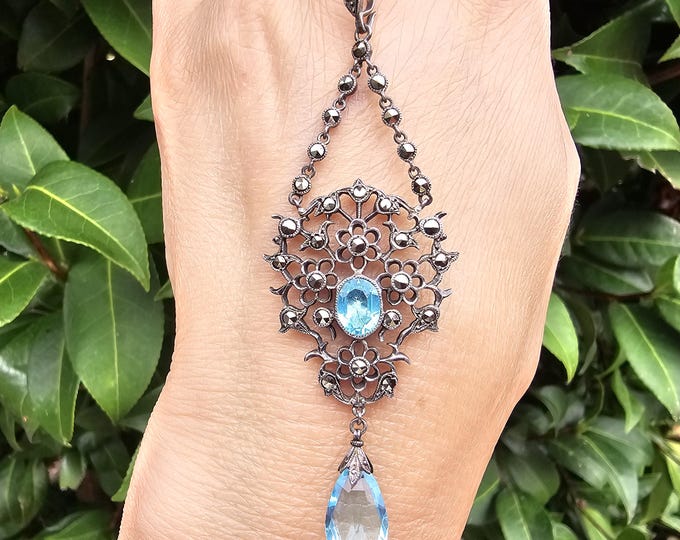 Antique Silver With Paste & Marcasite Lavaliere Necklace Aqua Blue ...