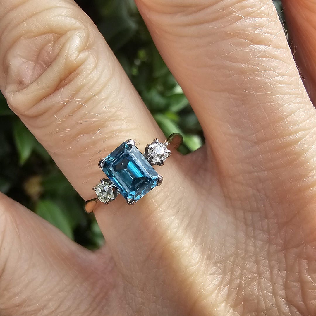 Vintage 18K Gold Blue Zircon Diamond Ring - UK Size M / US 6.25 - Etsy