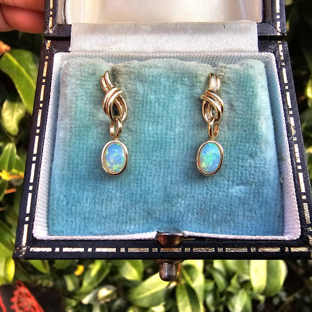 Vintage 9ct Yellow Gold Opal Drop Earrings 9K Gold Bright Colourful Opal Cabochon Dangle Drop ...