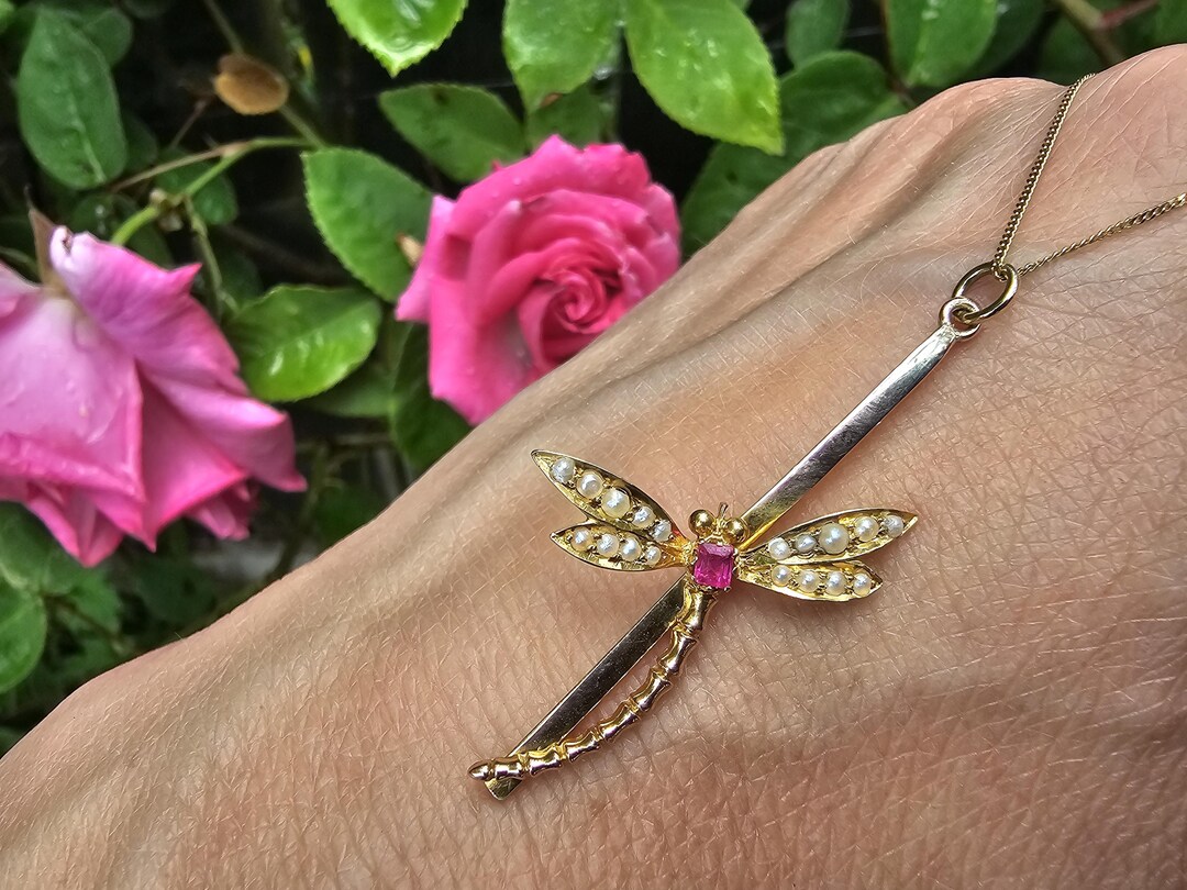 Antique 9ct Gold Ruby Pearl Dragonfly Pendant Necklace - Etsy
