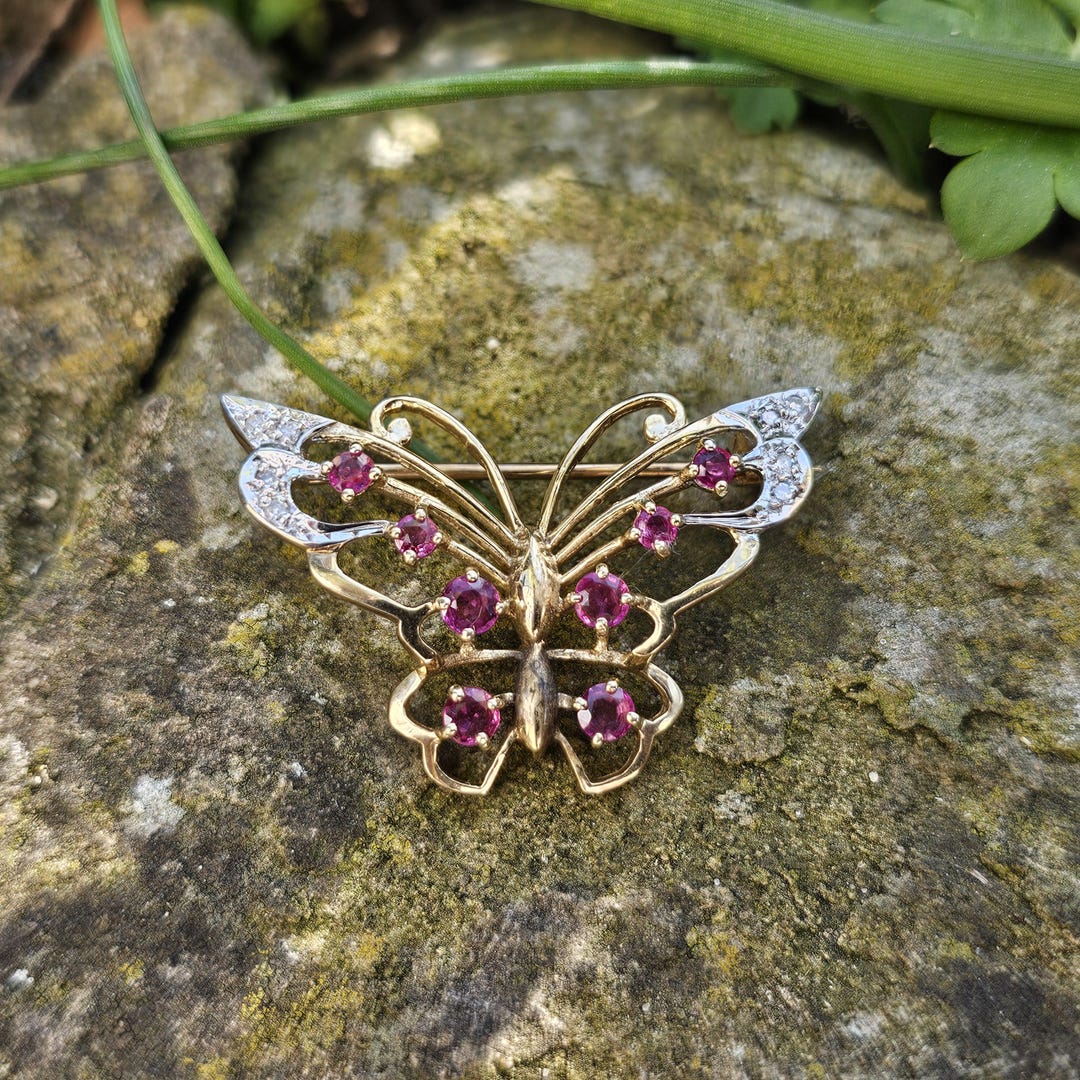 Vintage 9ct Yellow Gold Ruby & Diamond Butterfly Brooch Ruby and ...