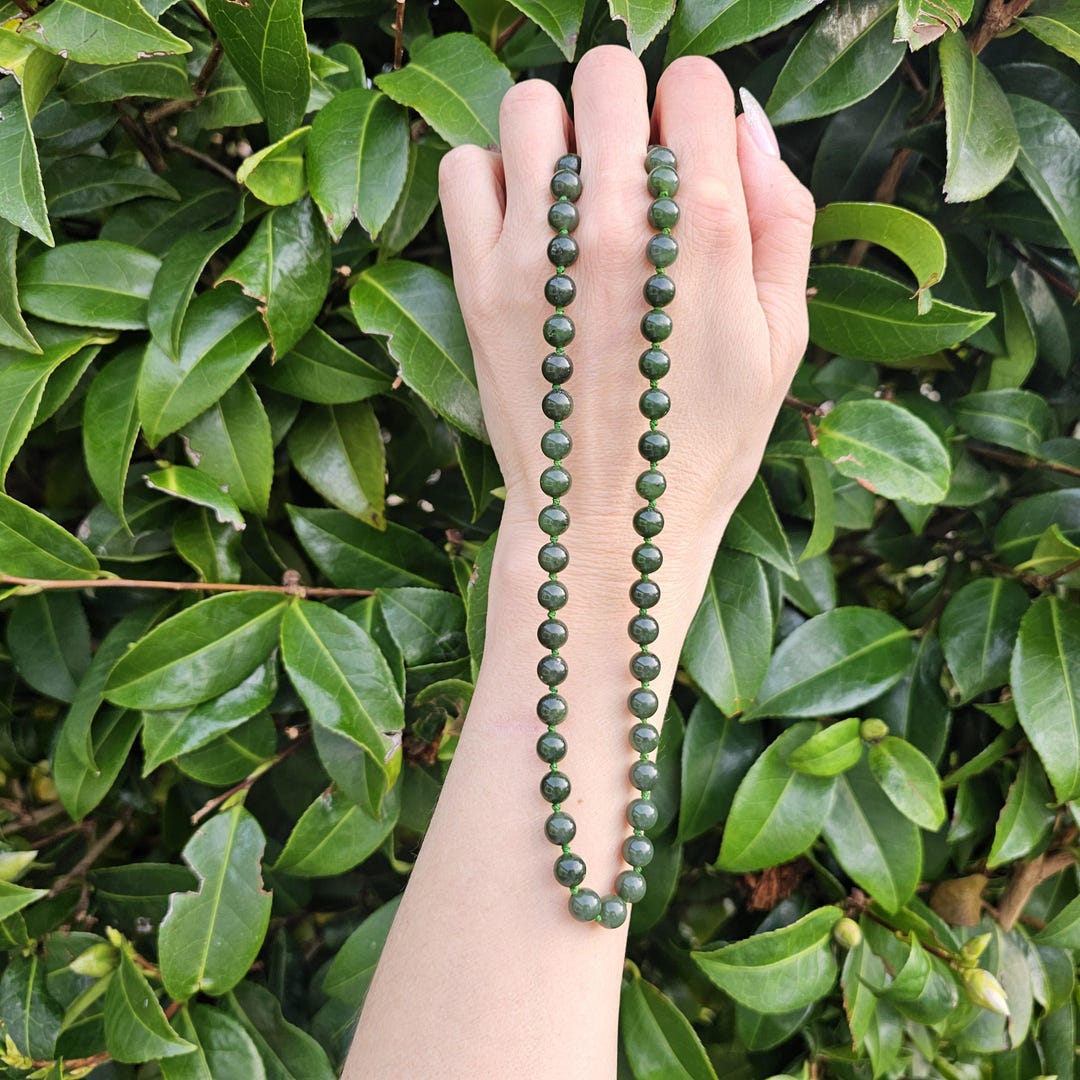 Vintage Nephrite Jade Necklace Dark Green Jade Bead Necklace With Gold ...