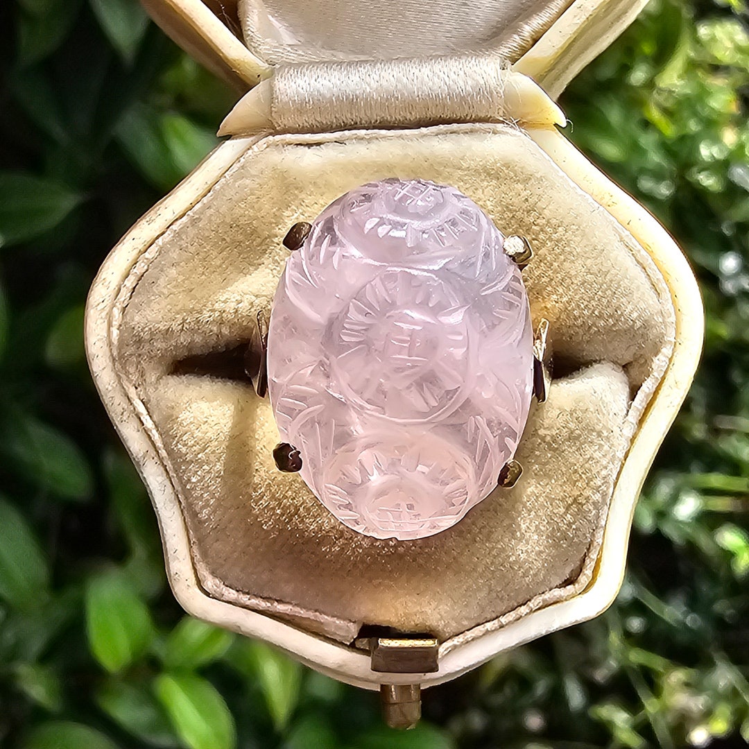 Vintage 9ct Yellow Gold Big Oval Cut Rose Quartz Ring 9K Gold Pink Rose ...