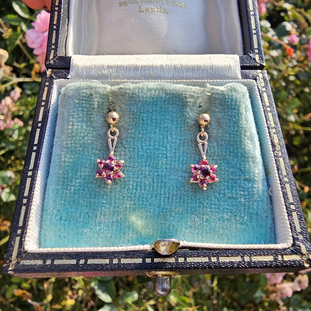 Vintage 9ct Gold Ruby Star Flower Drop Earrings Deep Pink Ruby Cluster ...