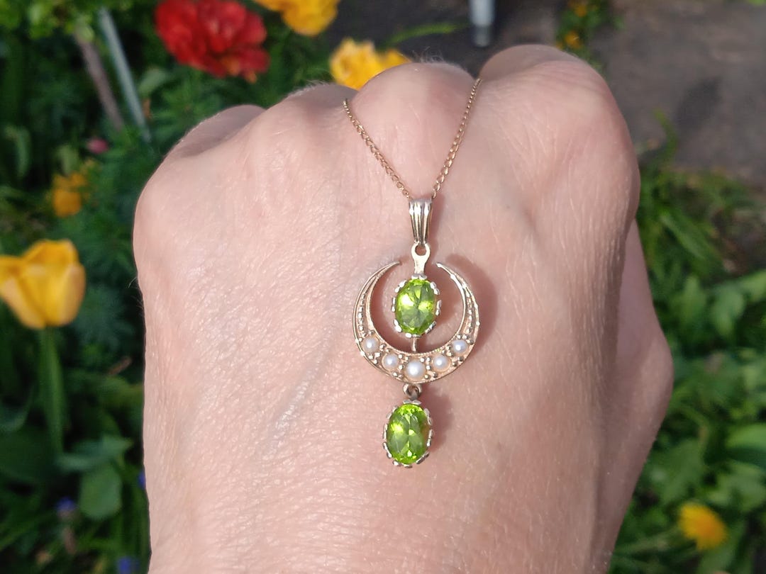 Edwardian Style 9ct Gold Crescent Moon Peridot Pearl Pendant Necklace - Etsy