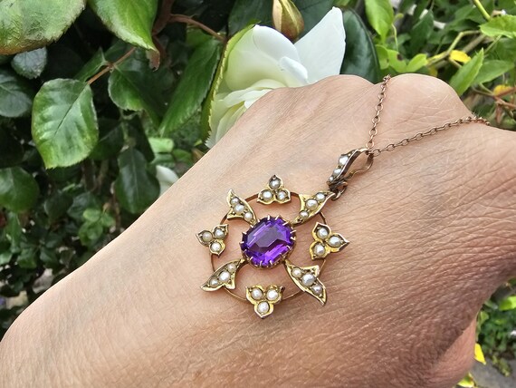 Antique Edwardian 9ct Gold Amethyst Seed Pearl Pendan… - Gem