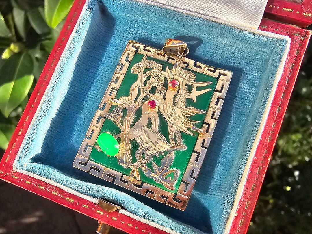 Vintage 14ct Gold Jade and Ruby Pendant With Birds Beautiful Detail ...