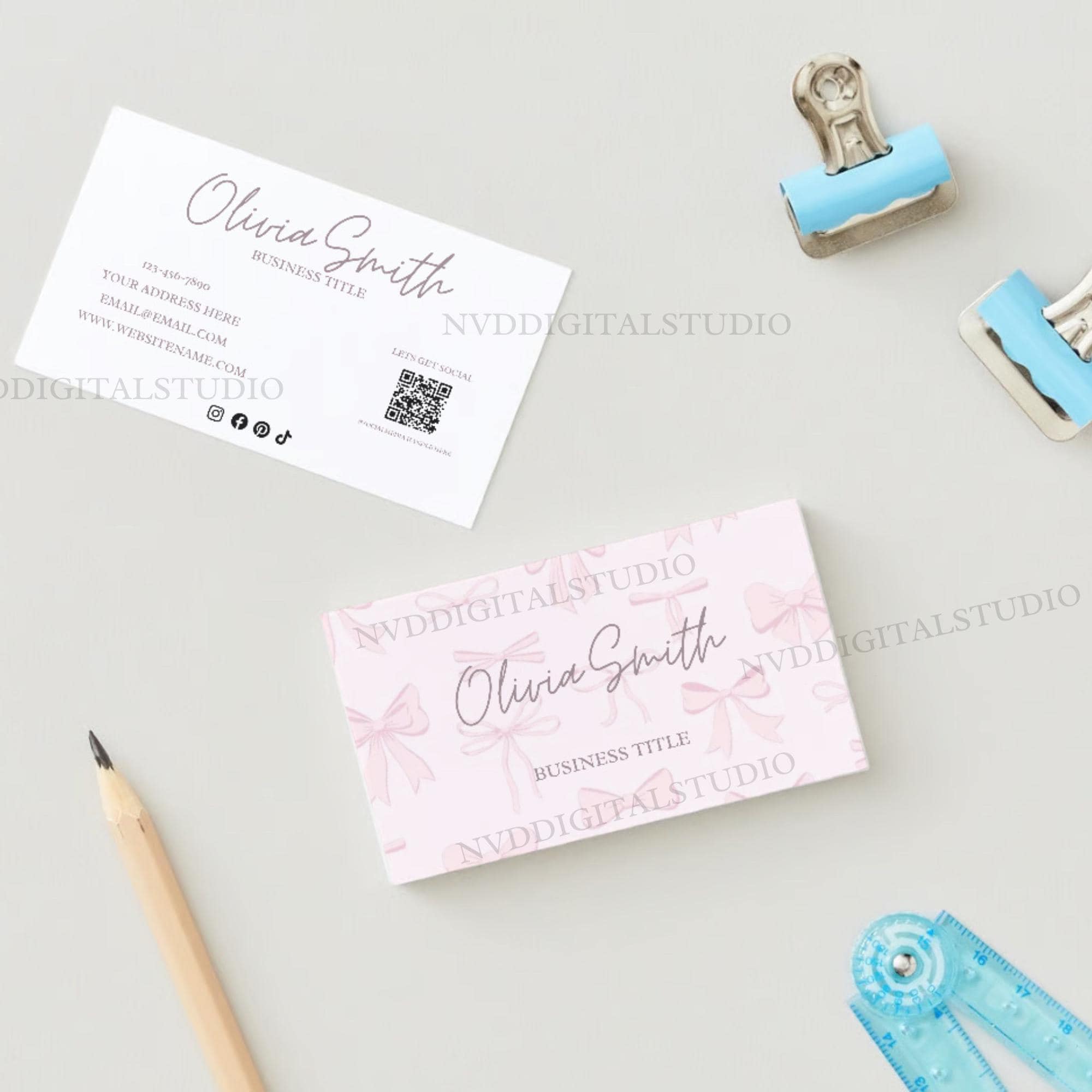Girly Pink Coquette Bow Business Card,pastel Pink Business Card Canva ...
