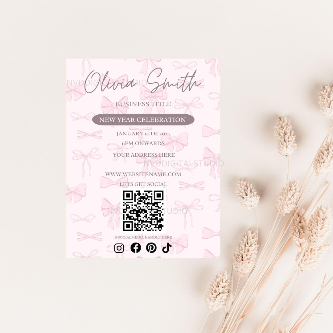 Coquette Bow Pink Flyer Editable,cute Girly Pink Bow Flyer Branding ...