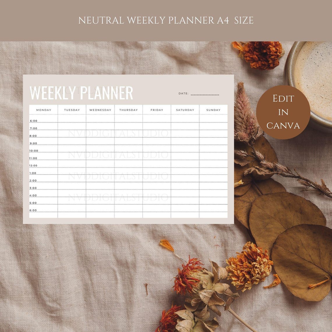 Neutral Editable Weekly Planner,printable Digital Weekly Planner Canva ...