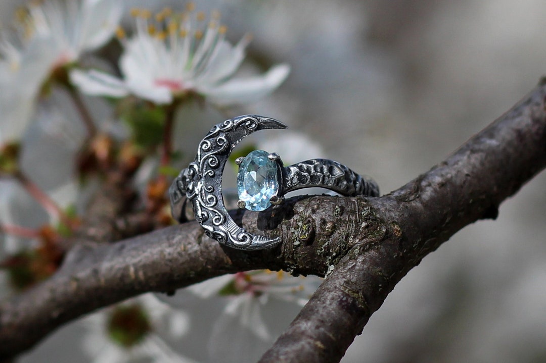 Blue Topaz Crescent Moon Ring: Sterling Silver Gothic Lunar Jewelry - Etsy