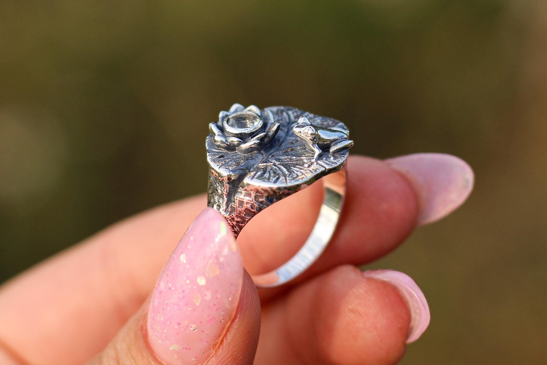 Frog Silver Ring, Frog on Lily, Frog Lover, Sterling Silver, Lotus ...