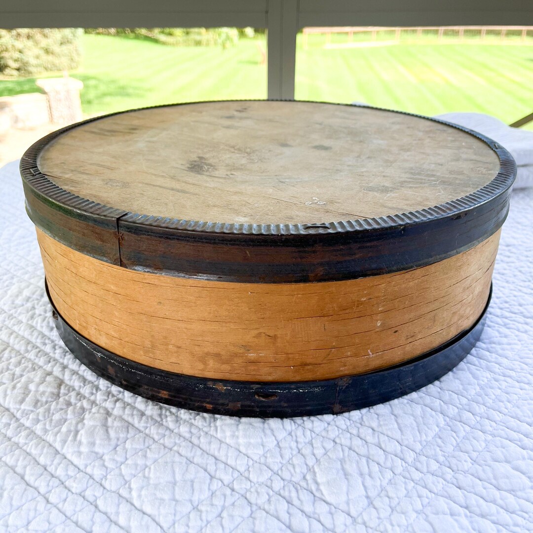 Vintage Round Wood Metal Banded Cheddar Cheese Box, Metal Banded Top ...