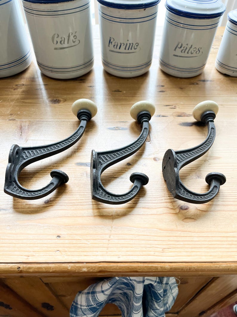 Beautiful Large Cast Iron and Porcelain Double Coat Hat Hooks, Set of 3 ...