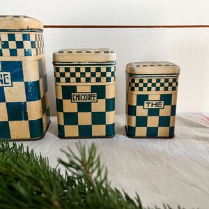 Beautiful French Vintage Blue Checkered Metal Canister Set, Hinged Lids ...